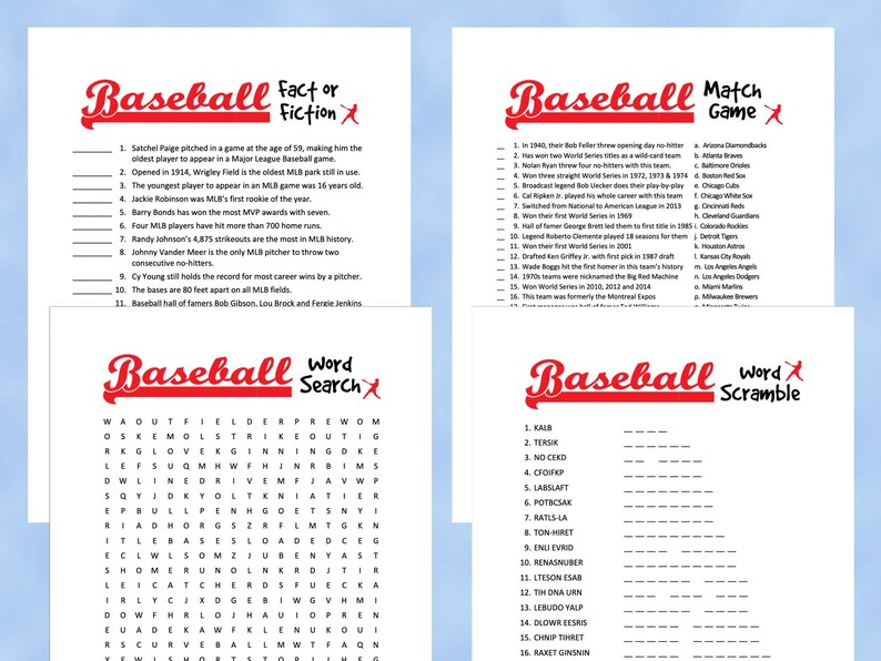 Baseball Party Game Bundle Printable Word Search Scamble Fact or ...