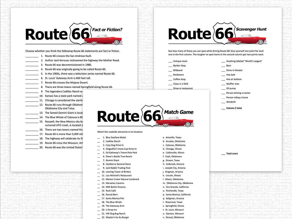 Route 66 Road Trip Game Printable Bundle Vacation Trivia Quiz Word ...