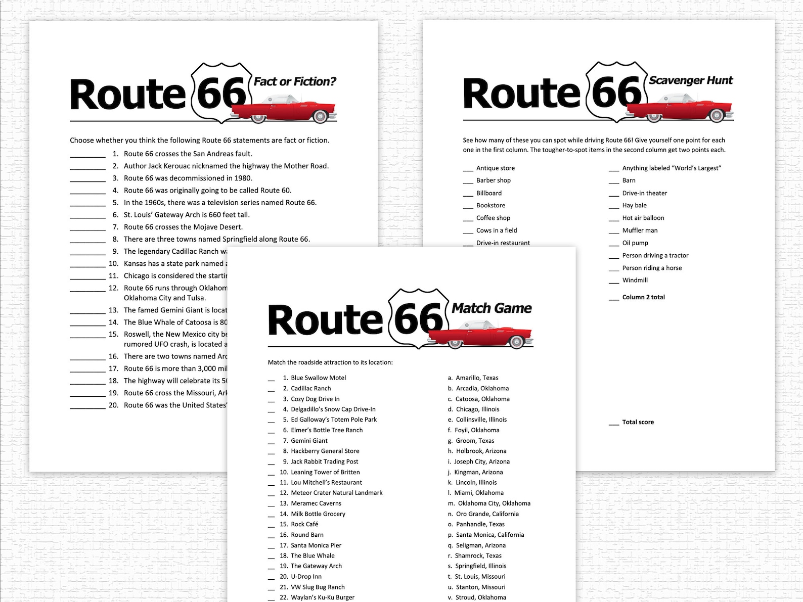 Route 66 Road Trip Game Printable Bundle Vacation Trivia Quiz Word ...