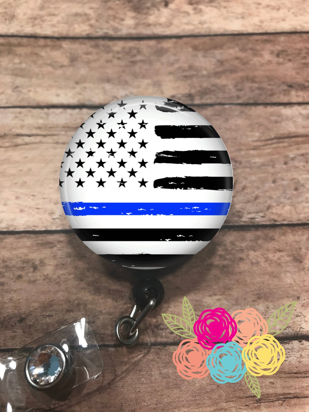 Thin Blue Line - Badge Reel - Retractable Badge Reel - Badge Clip - ID ...