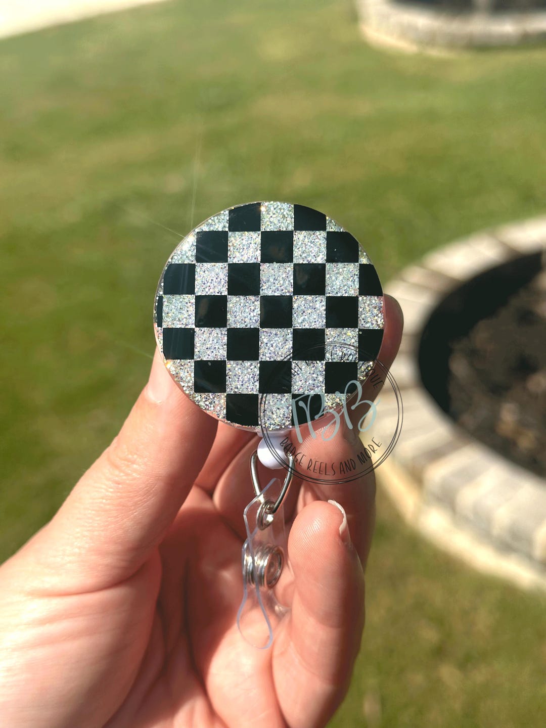 Glitter Checkered Circle - Retractable Badge Reel - Badge Reel - Badge ...