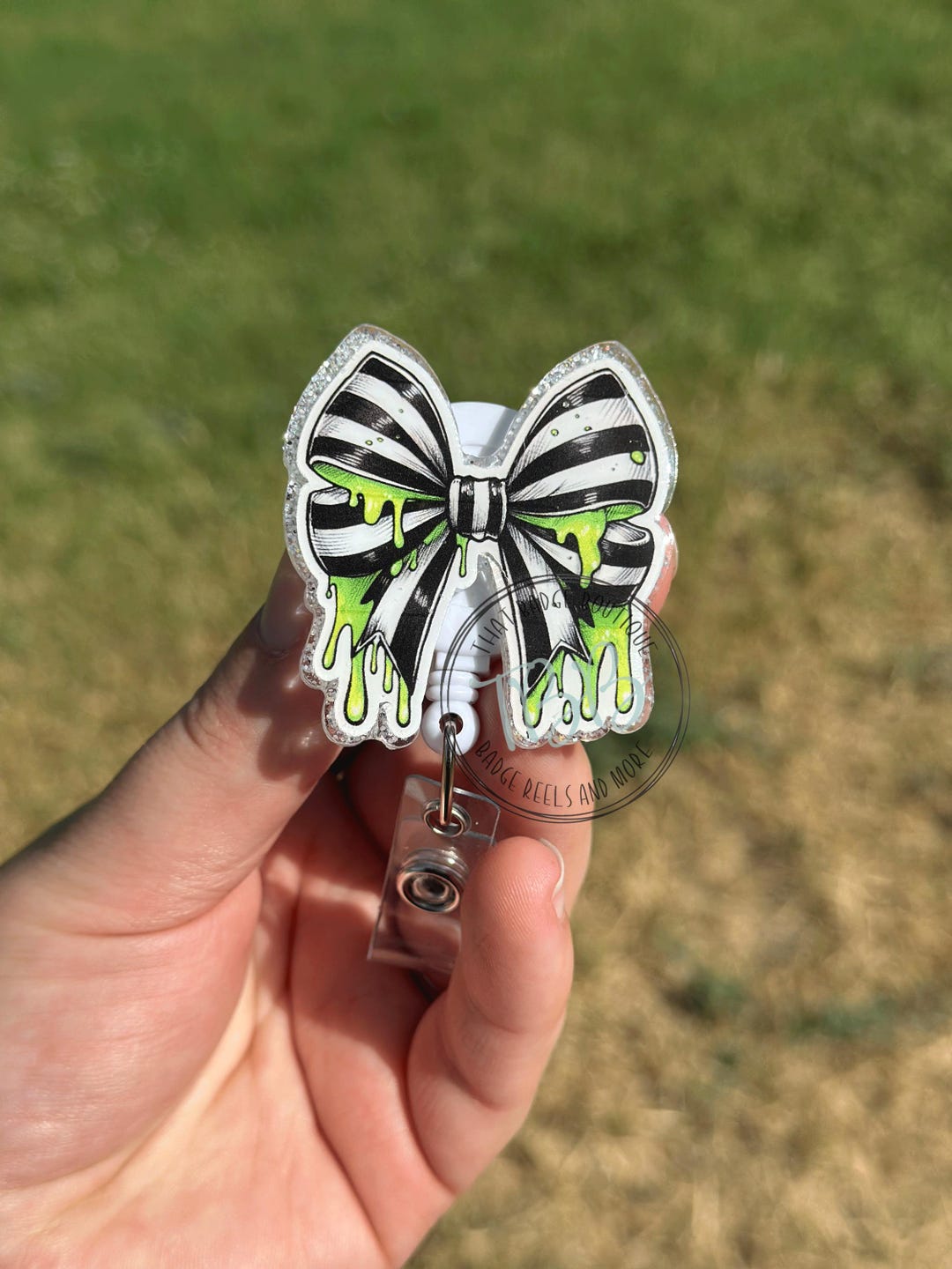Glitter Green Slime Striped Bow - Glitter Badge Reel - Badge Reel ...