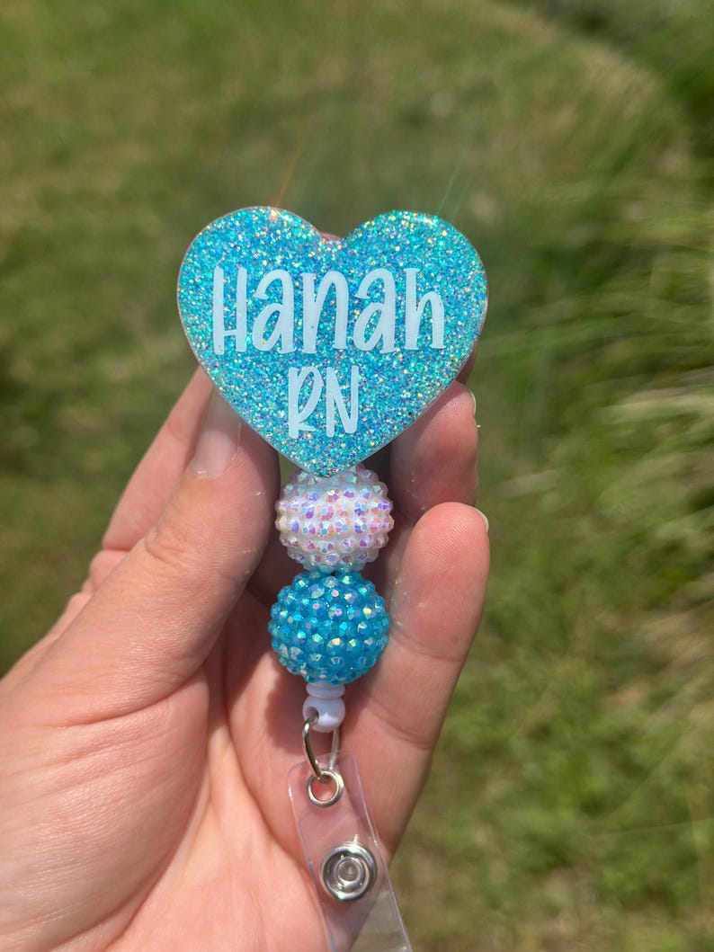 Personalized Glitter Heart With Beads - Retractable Badge Reel - Badge ...