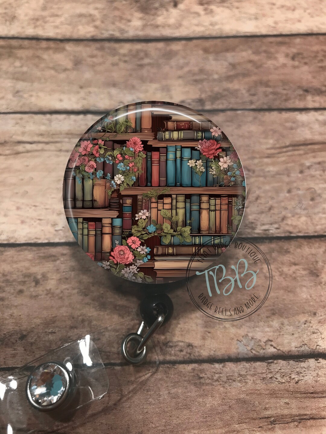 Floral Bookshelves Retractable Badge Reel - Badge Reel - Badge Clip ...