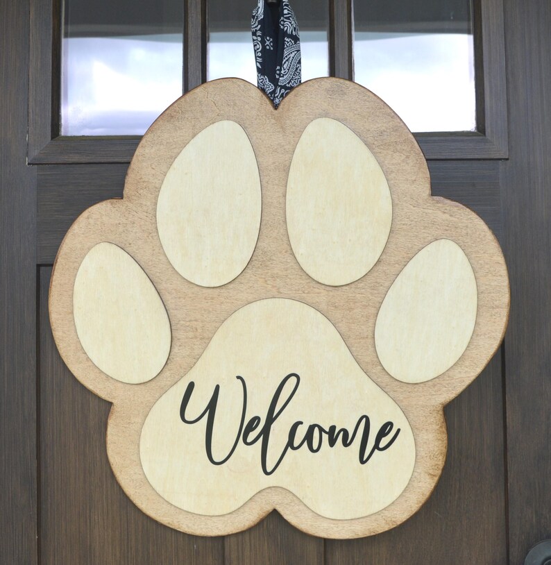 Pawprint Welcome Door Hanger: Large Wooden Dog Sign With Bandana Hook ...
