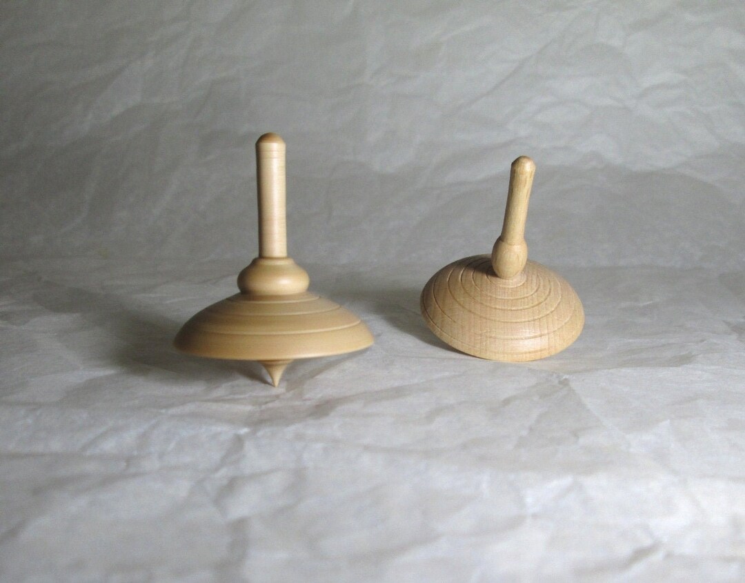 2 Spinning Tops Made of Ash and Beech Wood Made on a Manual Wood Lathe ...