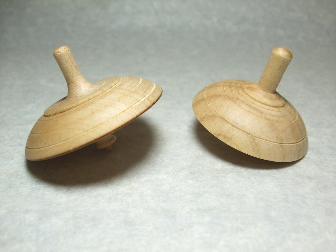 Set of Two Pretty Beech and Maple Wood Spinning Tops Made on a Manual ...