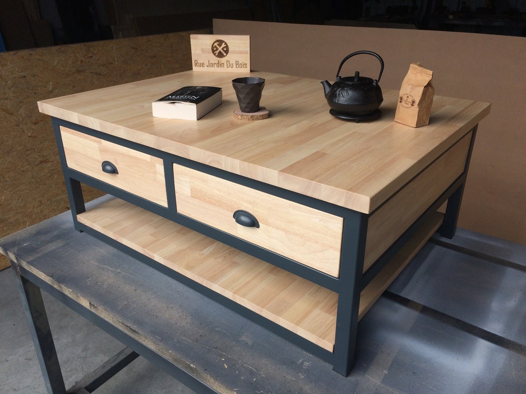 Coffee Table Hévéa MASSIVE and METAL Two Drawers and Two Trays - Etsy