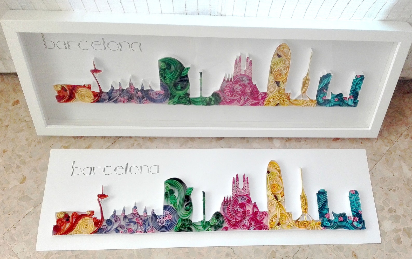Barcelona Lovers. Quilled Paper Art Barcelona Skyline With Deep White ...