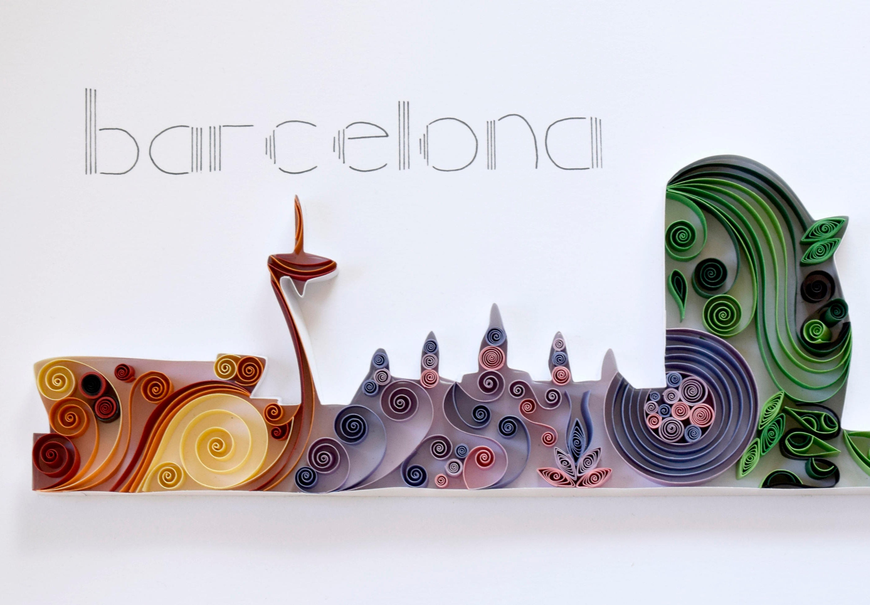 Barcelona Lovers. Quilled Paper Art Barcelona Skyline With Deep White ...