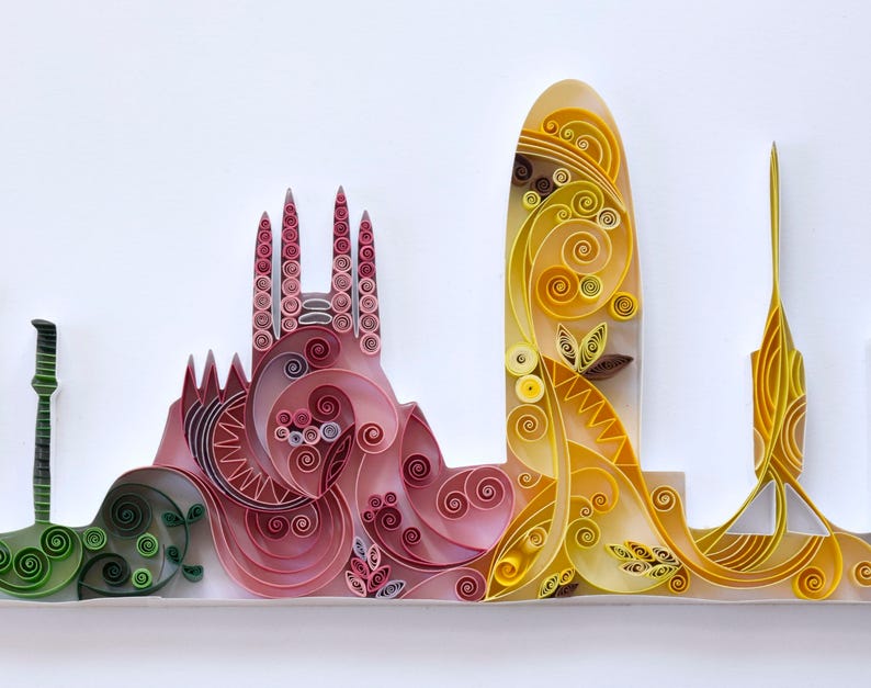 Barcelona Lovers. Quilled Paper Art Barcelona Skyline With Deep White ...