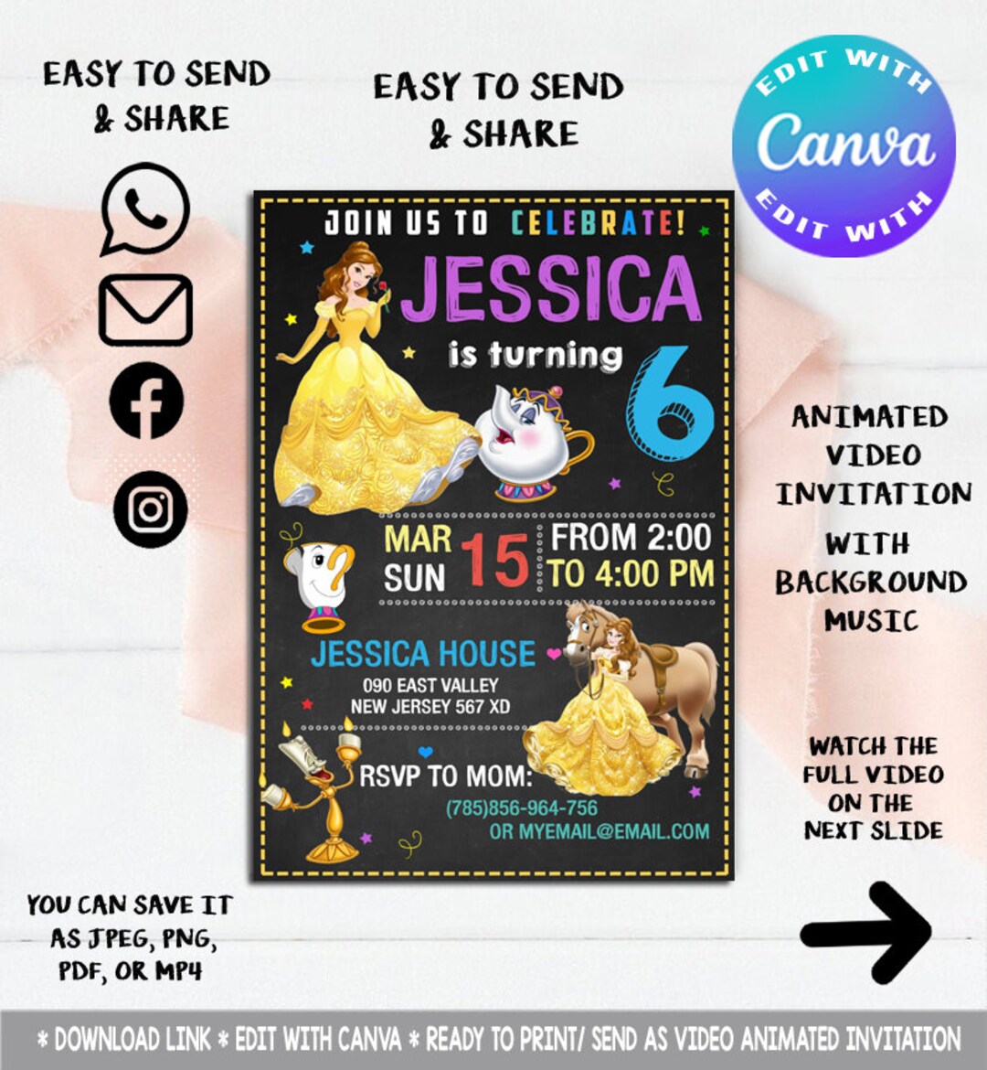 Editable Video Animated Invitation, Princess Belle Invitation, Princess ...