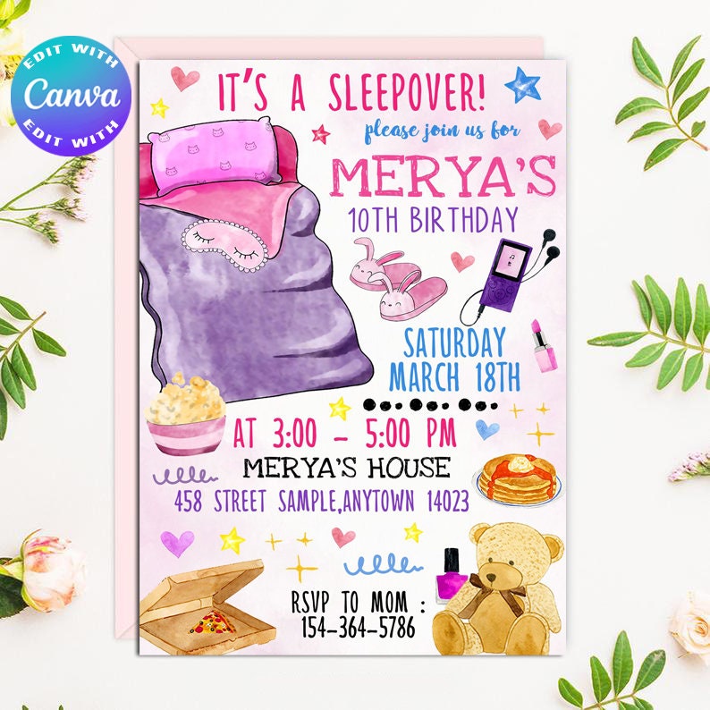 Editable Invitation, Sleepover Invitation, Sleepover, Sleepover Party ...