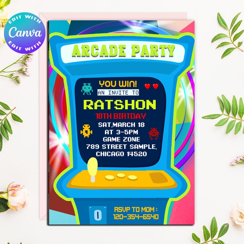 Editable Invitation, Arcade Party Invite, Arcade Invitation, Arcade ...