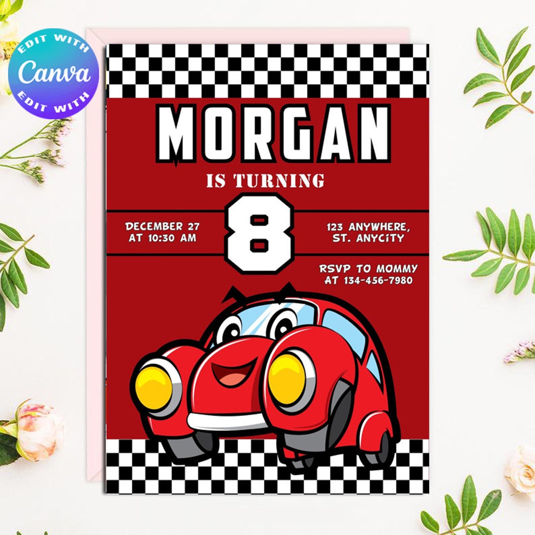 Car Birthday Invitation, Red Car Birthday Invitation, Red Car ...