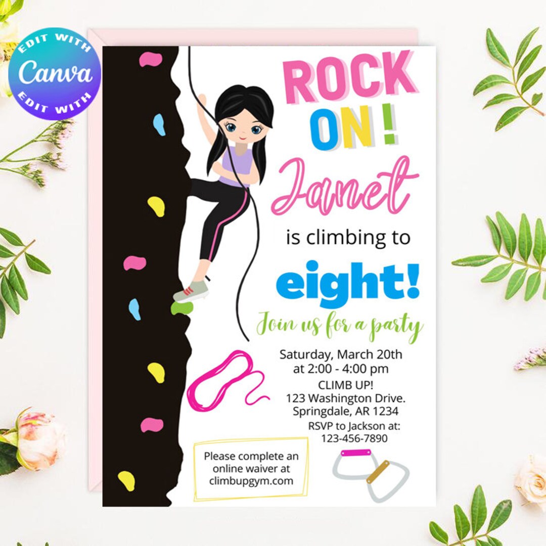 Girl Rock Climbing Invitation, Rock Climbing Invitation, Wall Climbing ...