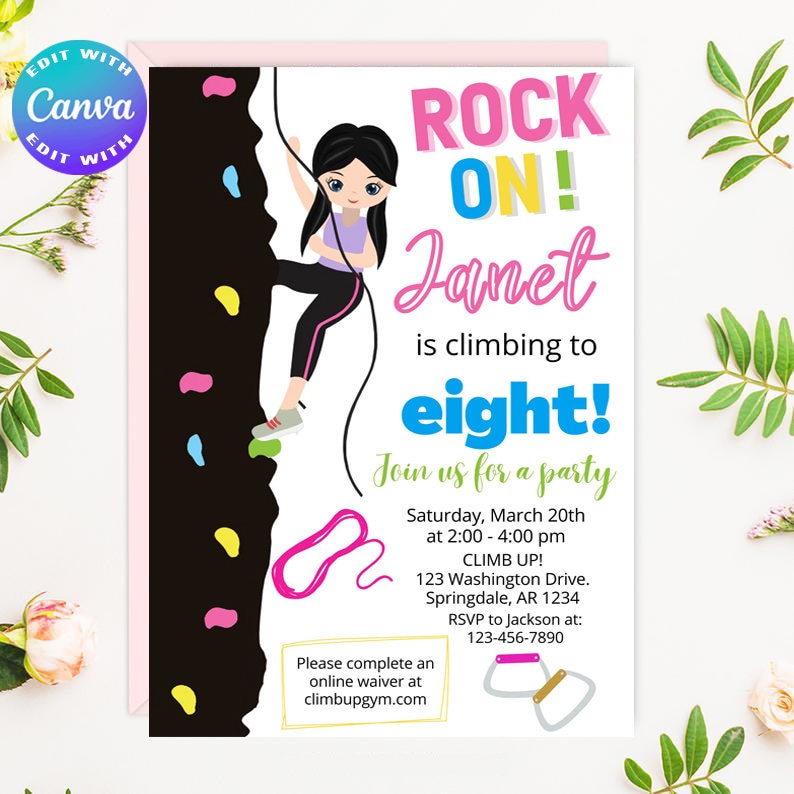 Girl Rock Climbing Invitation, Rock Climbing Invitation, Wall Climbing ...