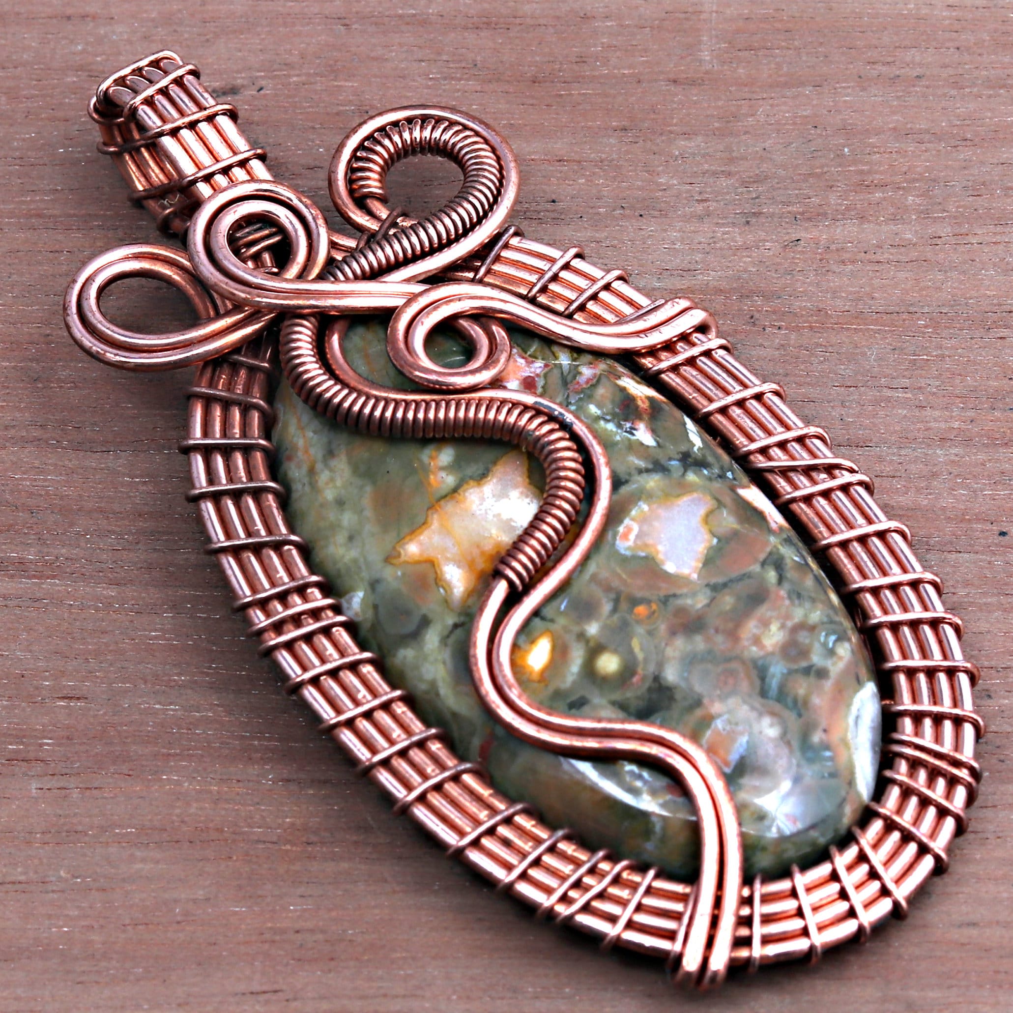Rain Forest Jasper Gemstone Pendant Copper Wire Wrapped Handmade ...