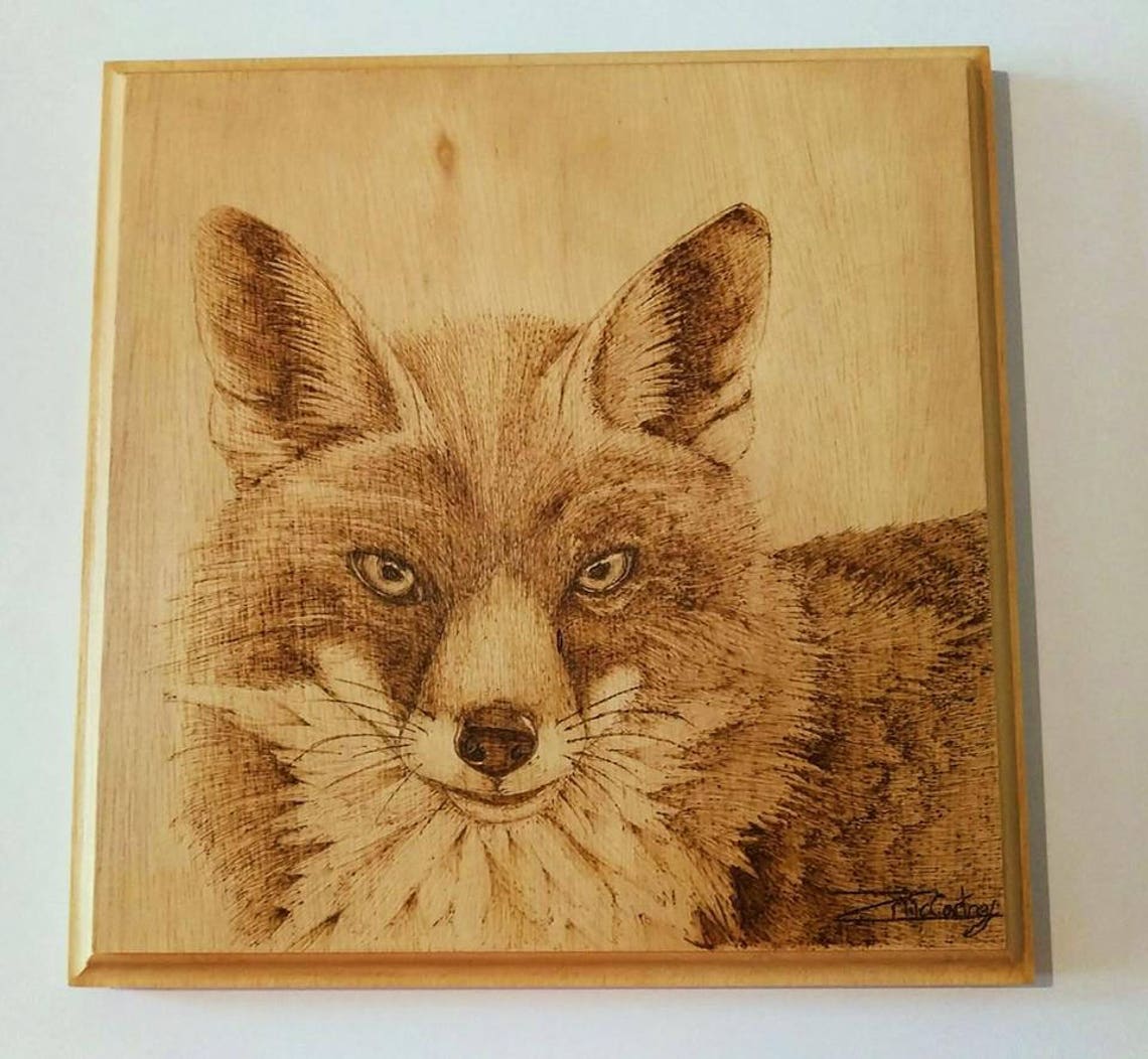Bespoke Pyrography / Wood Burning Art of Fox Signed by Artist 21cm by ...