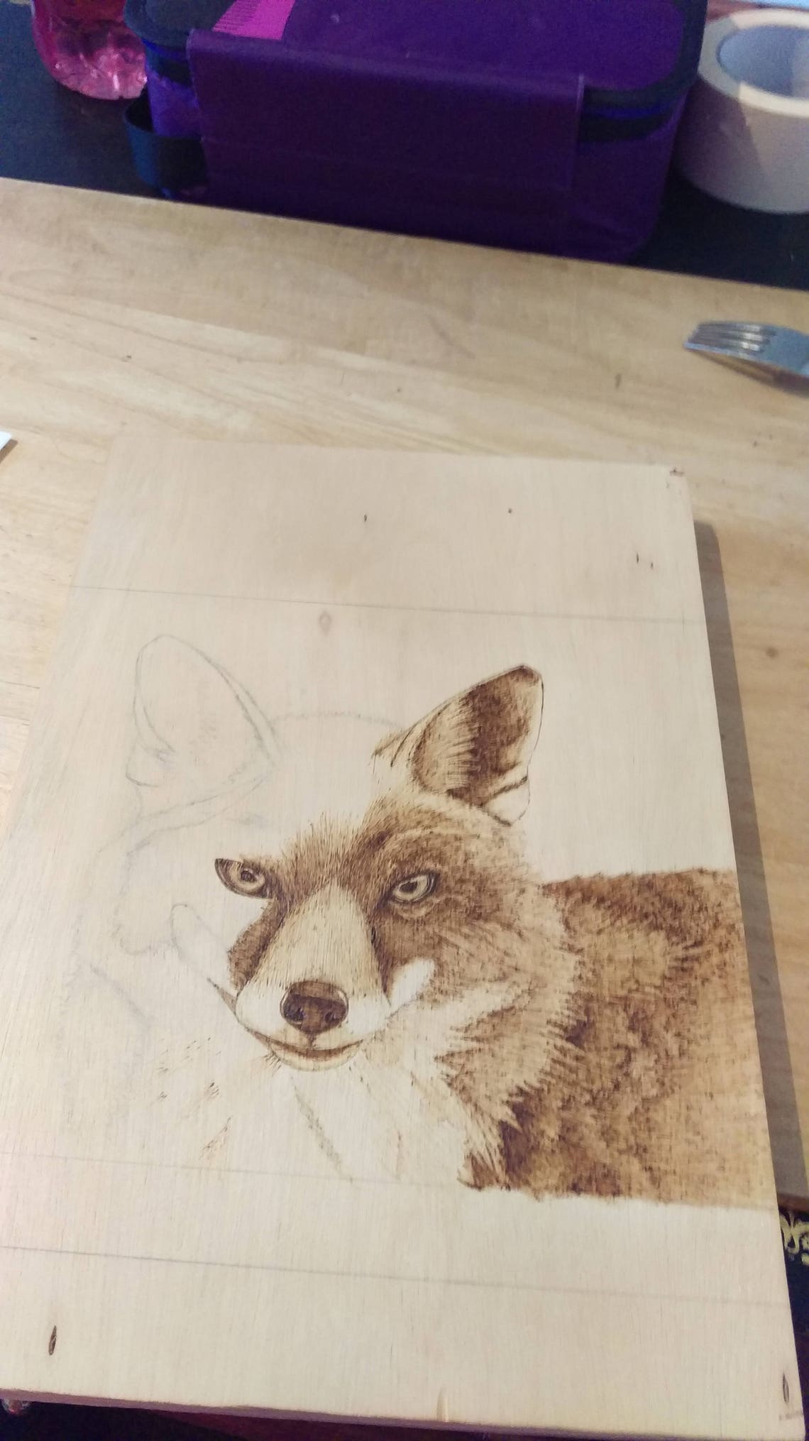 Bespoke Pyrography / Wood Burning Art of Fox Signed by Artist 21cm by ...