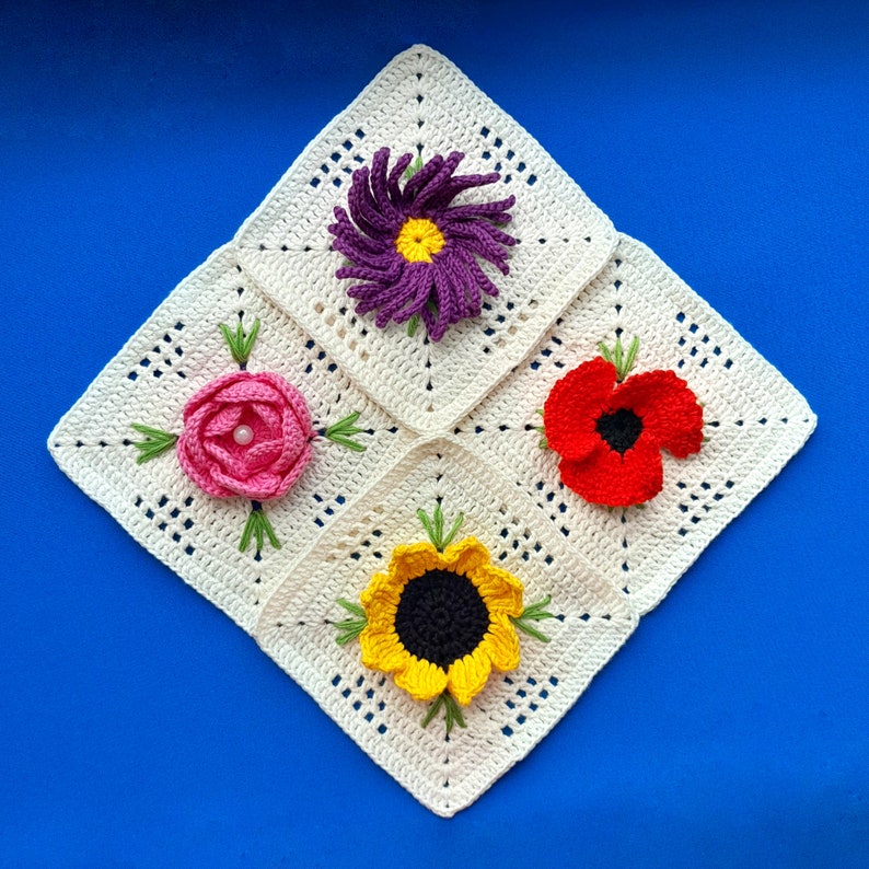 Granny Squares Flower SET Pattern, Crochet Granny Square Flower Pattern ...