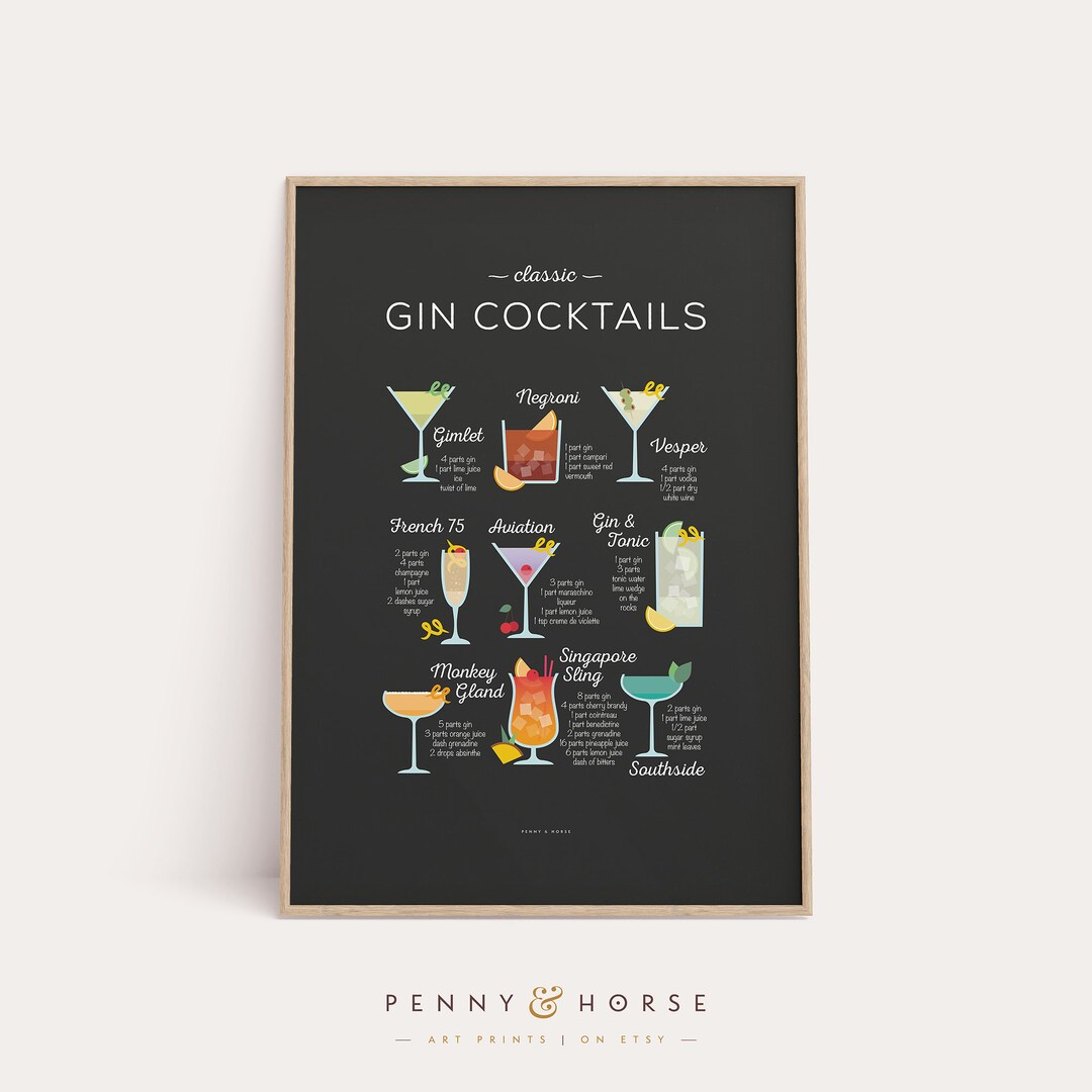 Gin Cocktails Recipe Print, Cocktail Classics Print, Cocktail Art ...