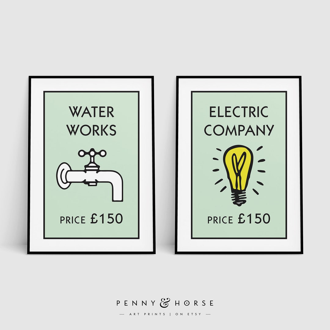 Retro Monopoly Inspired 2 Print Set, Pound, Waterworks Bathroom Wall ...