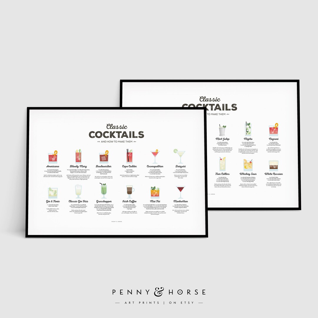 Classic Cocktails Recipe Print Set, Cocktail Print, Cocktail Art, Bar Poster, Cocktail Gift ...