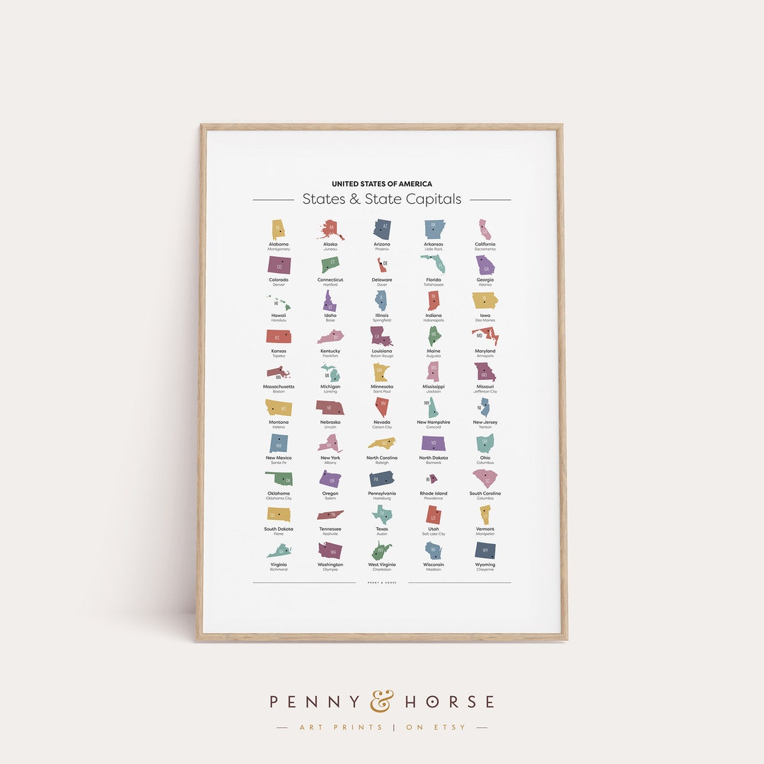 USA States and Capitals Poster, US States Capitals Chart, Educational ...