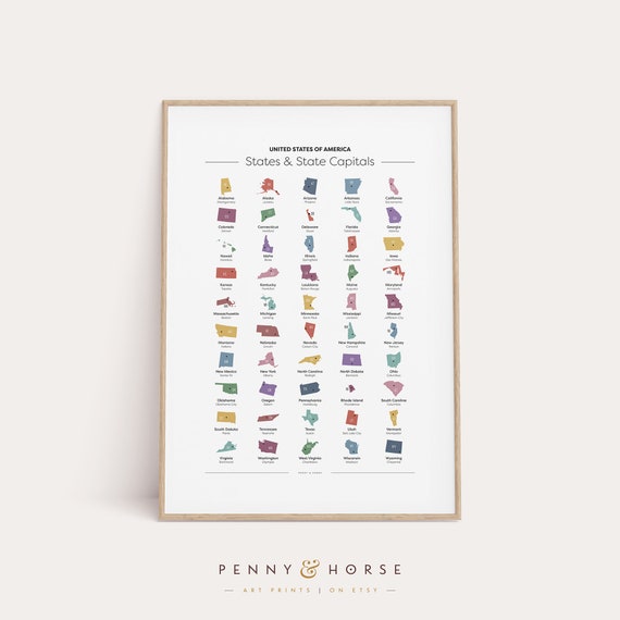 States And Capitals Chart USA States And State Capitals Map A3 (30cm