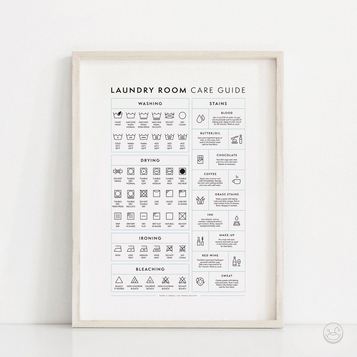 Laundry Room Care Guide Print Printable Laundry Symbols Art | Etsy