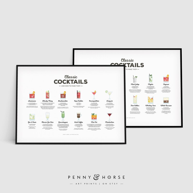 Classic Cocktails Recipe Print Set Cocktail Print Cocktail | Etsy UK