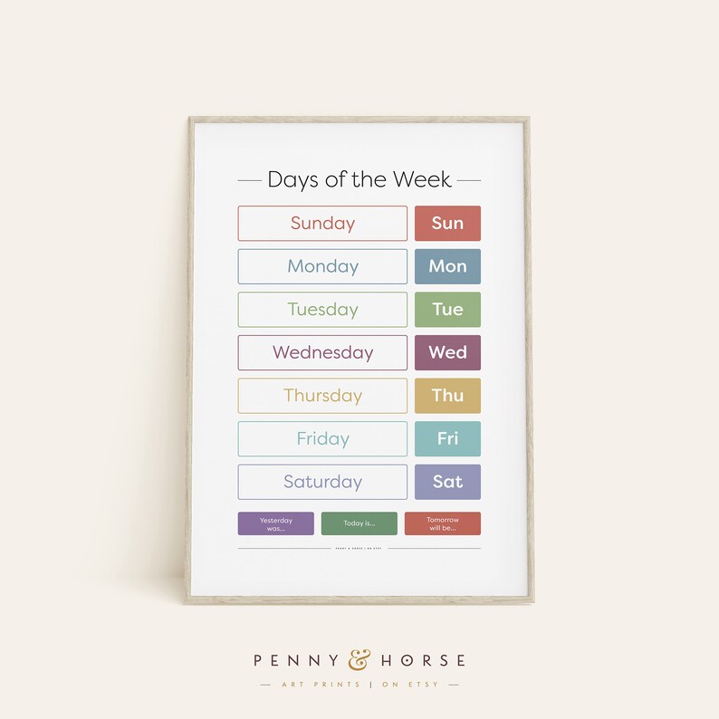 Days of the Week Educational Print Weekdays Weekend - Etsy
