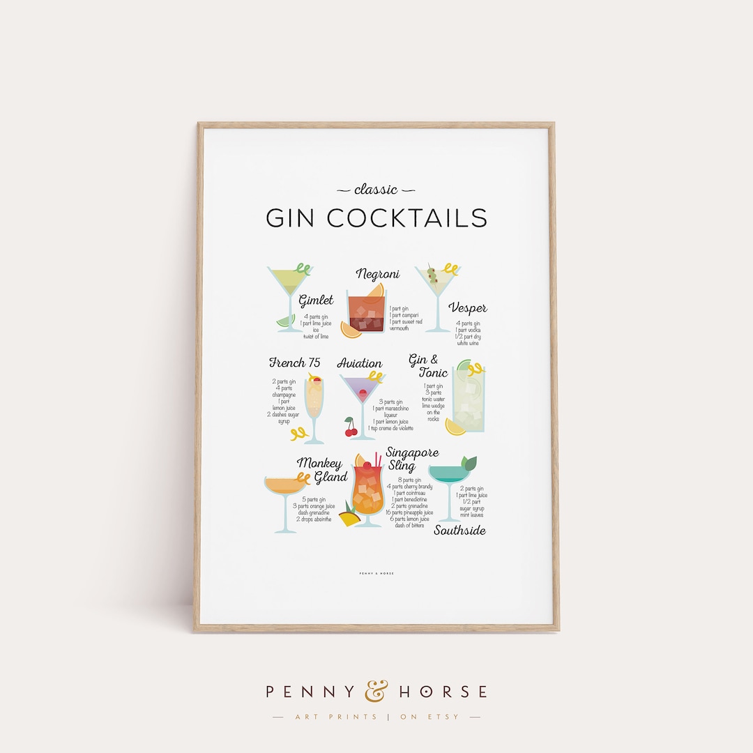Gin Cocktails Recipe Print, Cocktail Classics Print, Cocktail Art ...