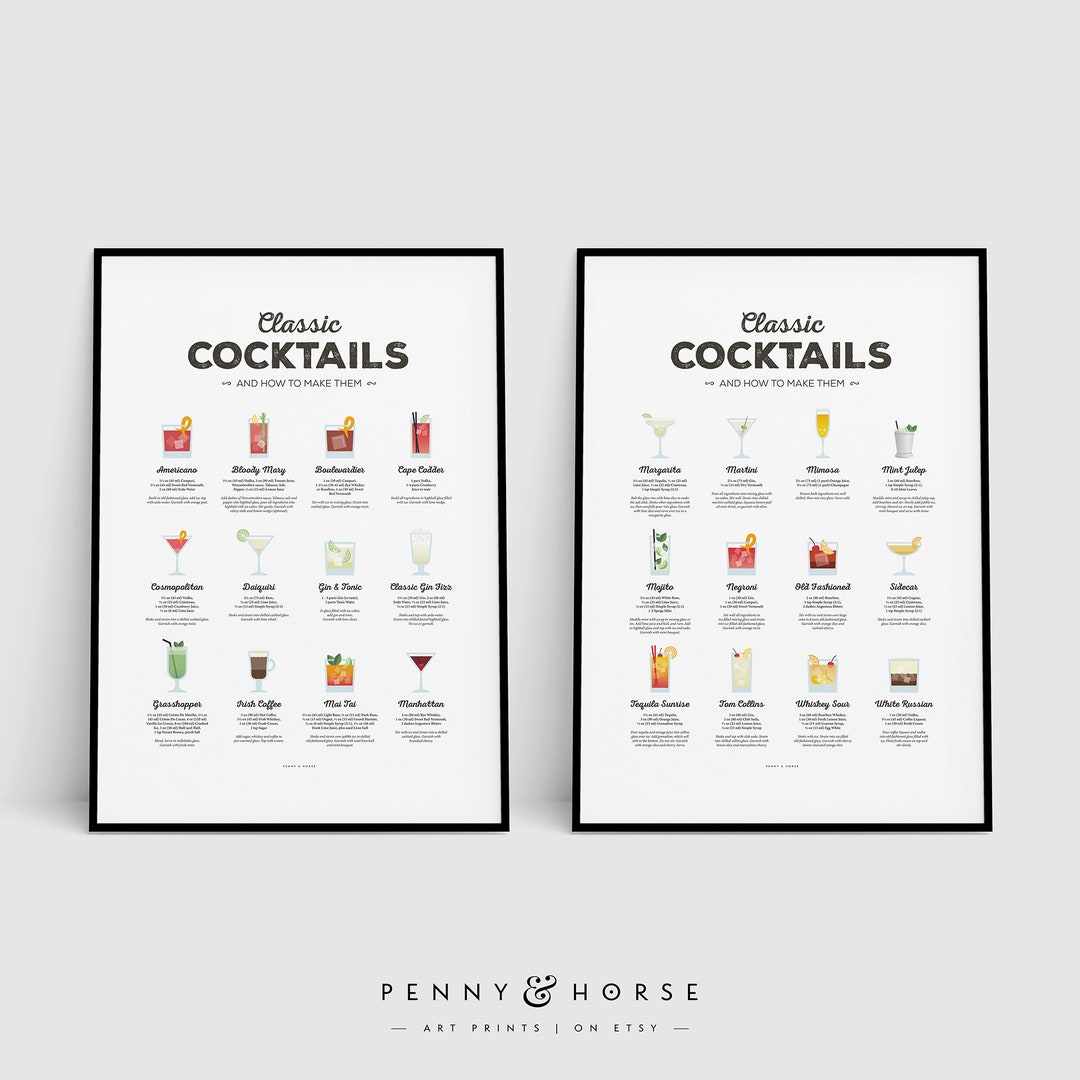 Classic Cocktails Recipe Print Set, Cocktail Print, Cocktail Art, Bar Poster, Cocktail Gift ...