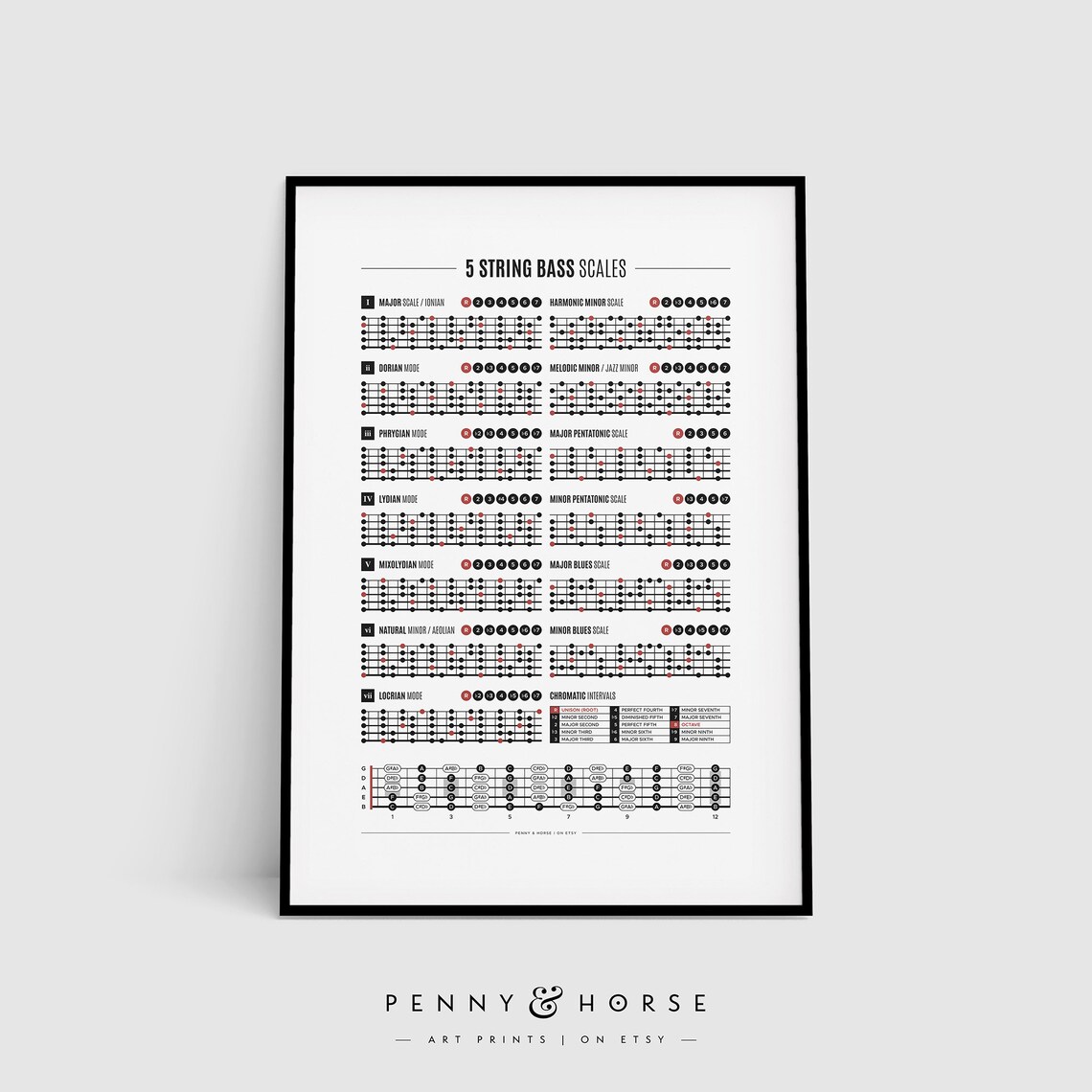 Five String Bass Guitar Scales Chart Bass Scales/Modes Print | Etsy