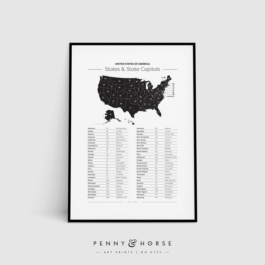 USA States and Capitals Chart, Classroom 50 US States/capitals Poster ...