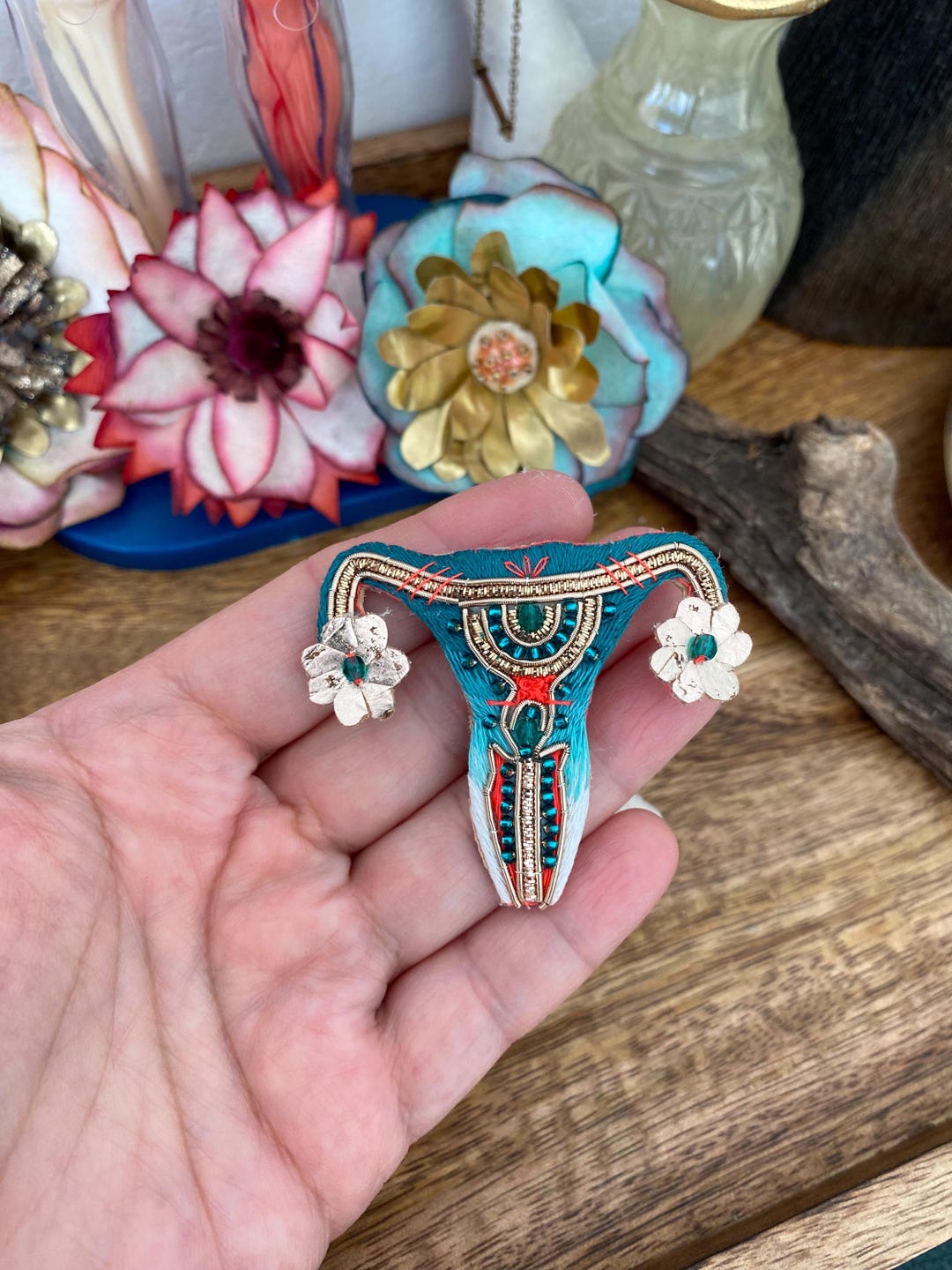 Embroidered Brooch of a Blue and Neon Pink Uterus - Etsy