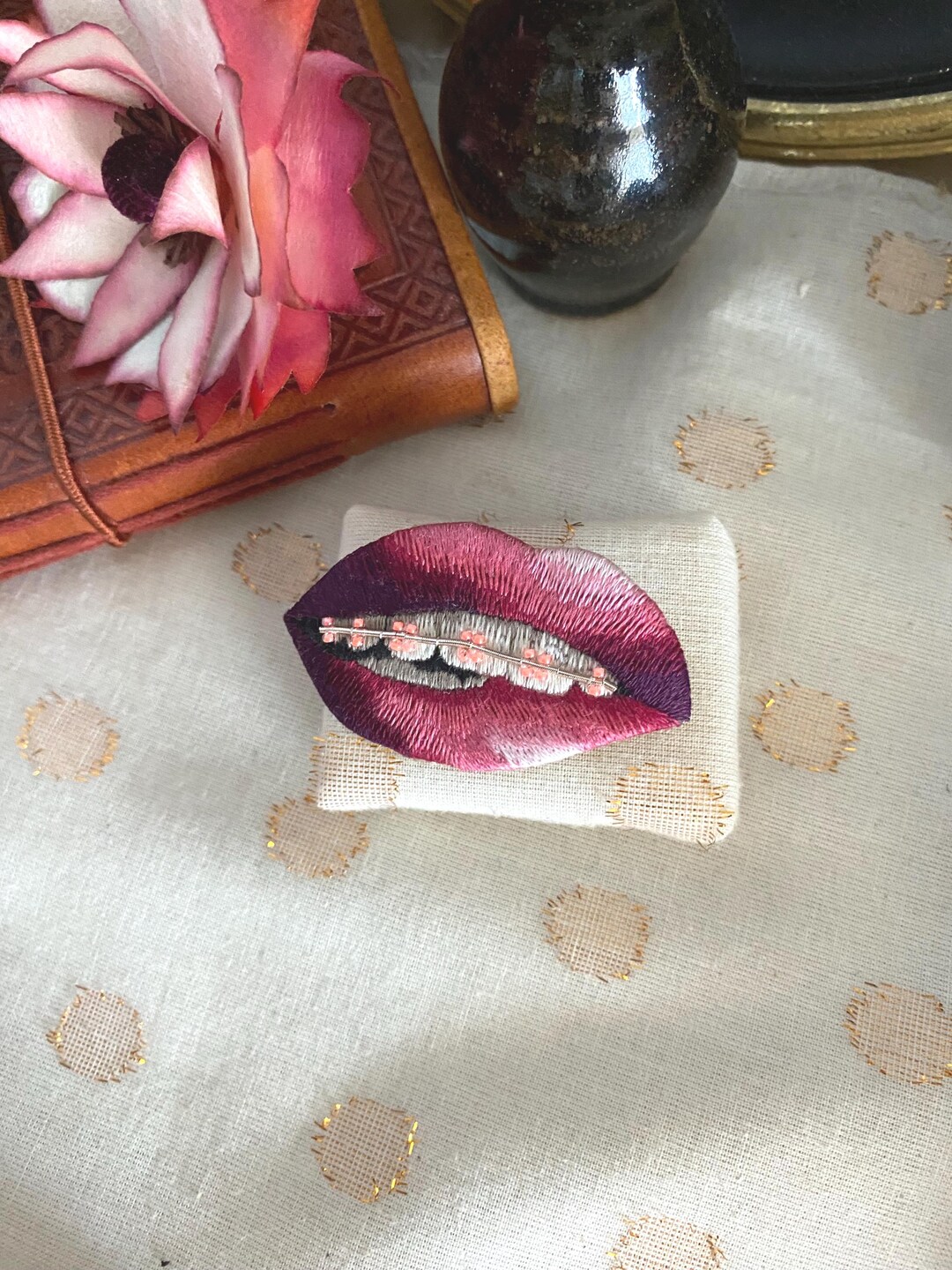 Embroidered Brooch With Neon Pink Braces - Etsy