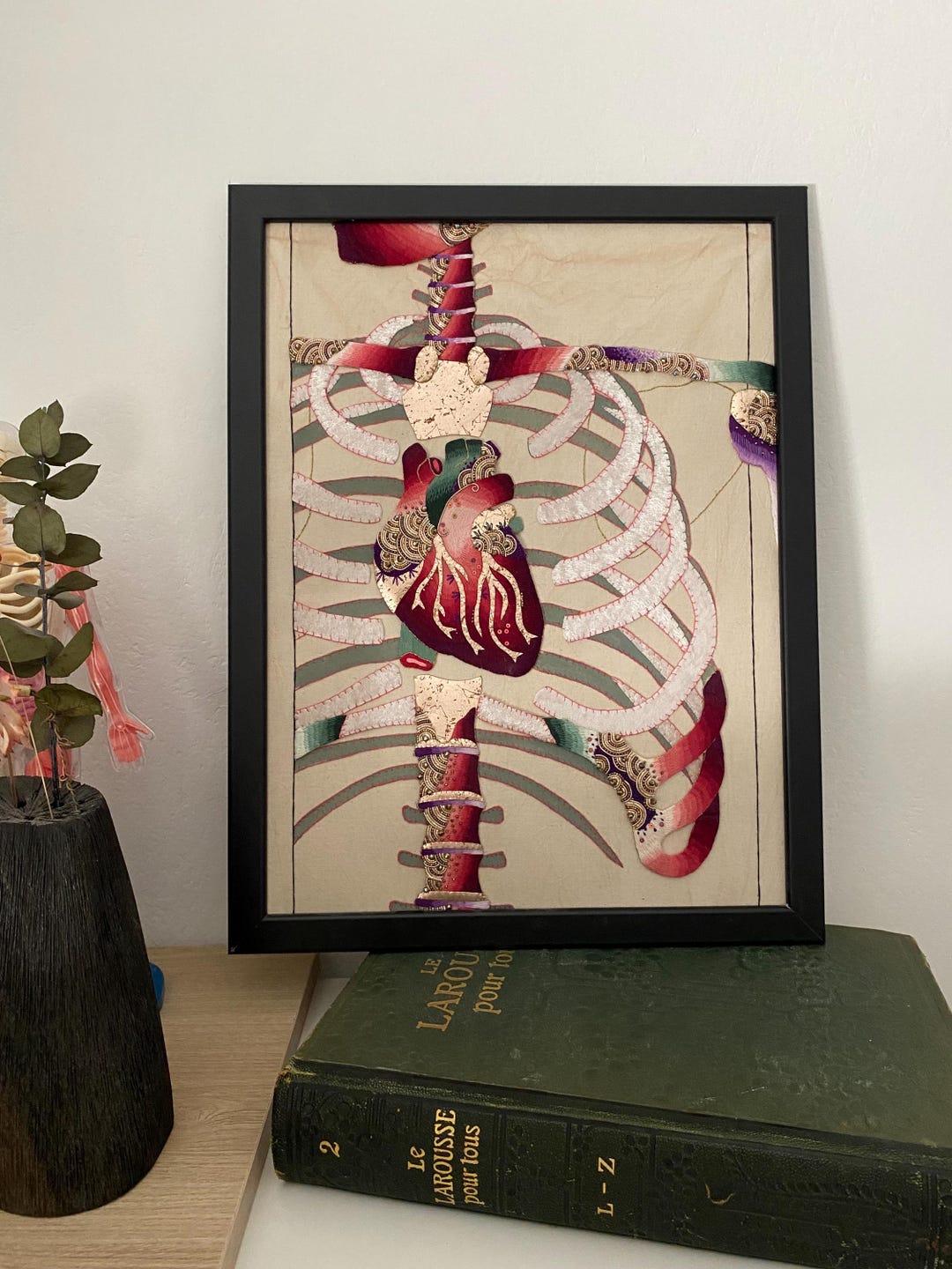 Rib Cage and Heart Painting in Burgundy Green, Embroidered Anatomy ...