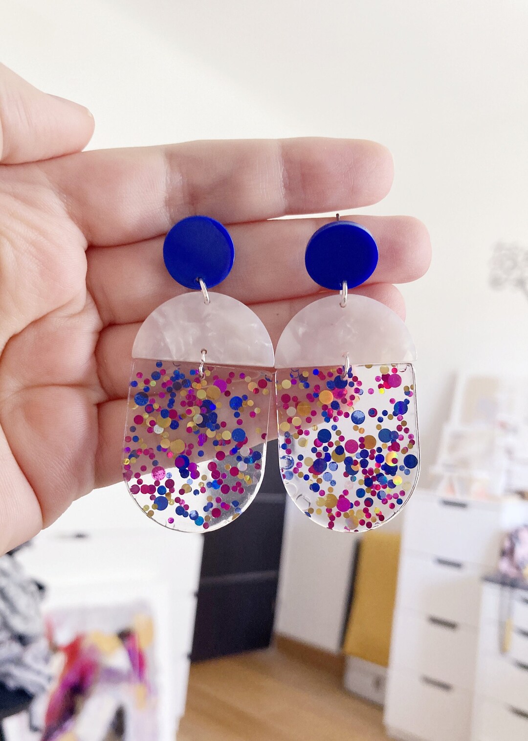 CONFETTIS QUEEN Earring Navy Blue Oval Original Pink Blue - Etsy
