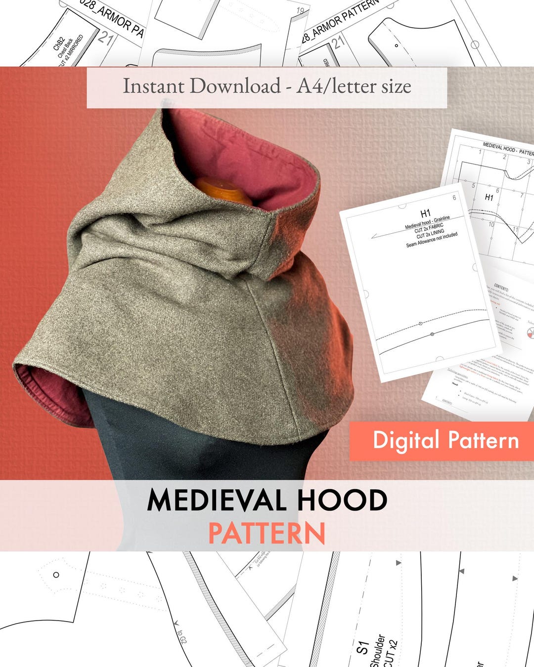 Medieval Hood Sewing PATTERN | LARP & Cosplay Hood | Historical ...