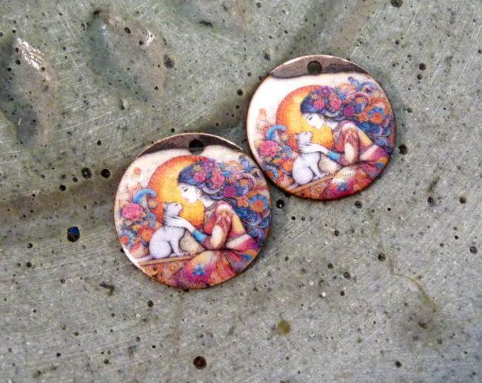 Enameled Charms on Copper-woman Portrait-25 Mm -handmade Connectors ...