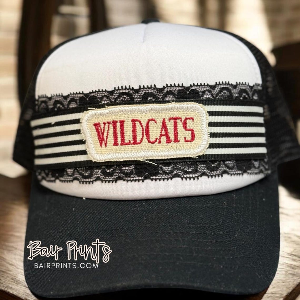 Custom Embroidered Mascot Hat With Lace Patch & Striped Ribbon ...
