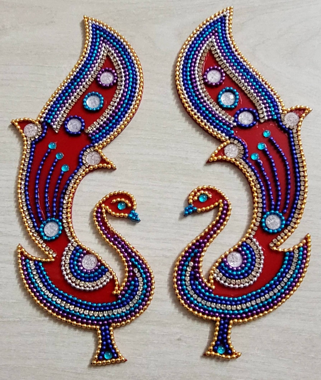 Diwali Decor Red Peacock Design Beautiful Kundan Rangoli Floor Art ...
