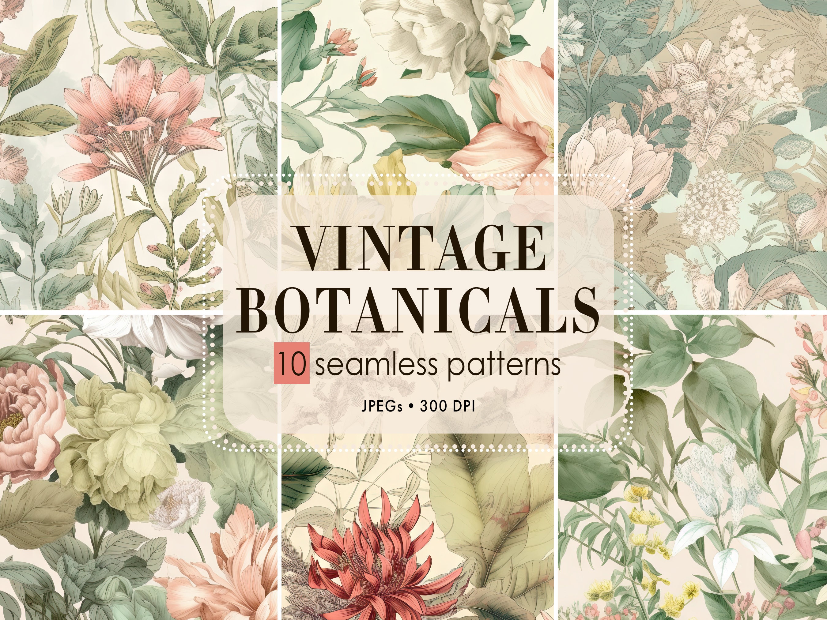 Vintage French Botanical Seamless Patterns Set Antique Floral Prints ...