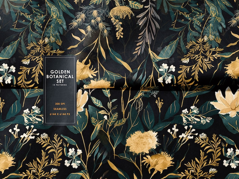 Golden Botanical Set 10 Digital Floral Seamless Patterns High-quality ...