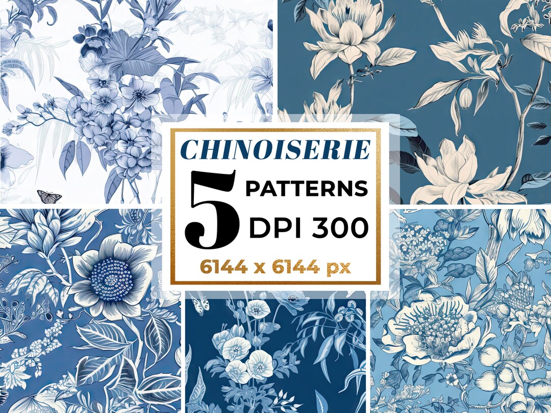 5 Chinoiserie Watercolor Blue Seamless Patterns High-quality ...