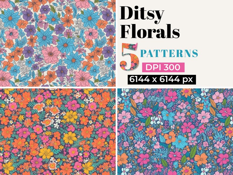 Ditsy Floral Set of 5 Digital Seamless Patterns Big Size: 6144x6144 Px ...