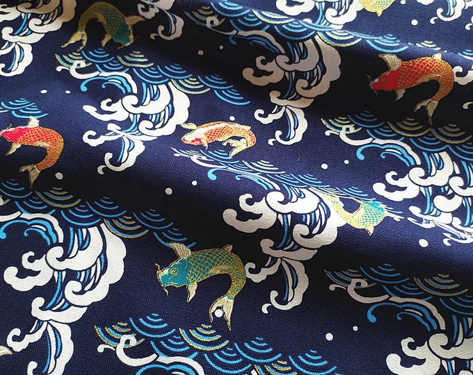 Japanese Fabric, Koi, Fish, Wave, Indigo Blue, Golden, Traditional ...